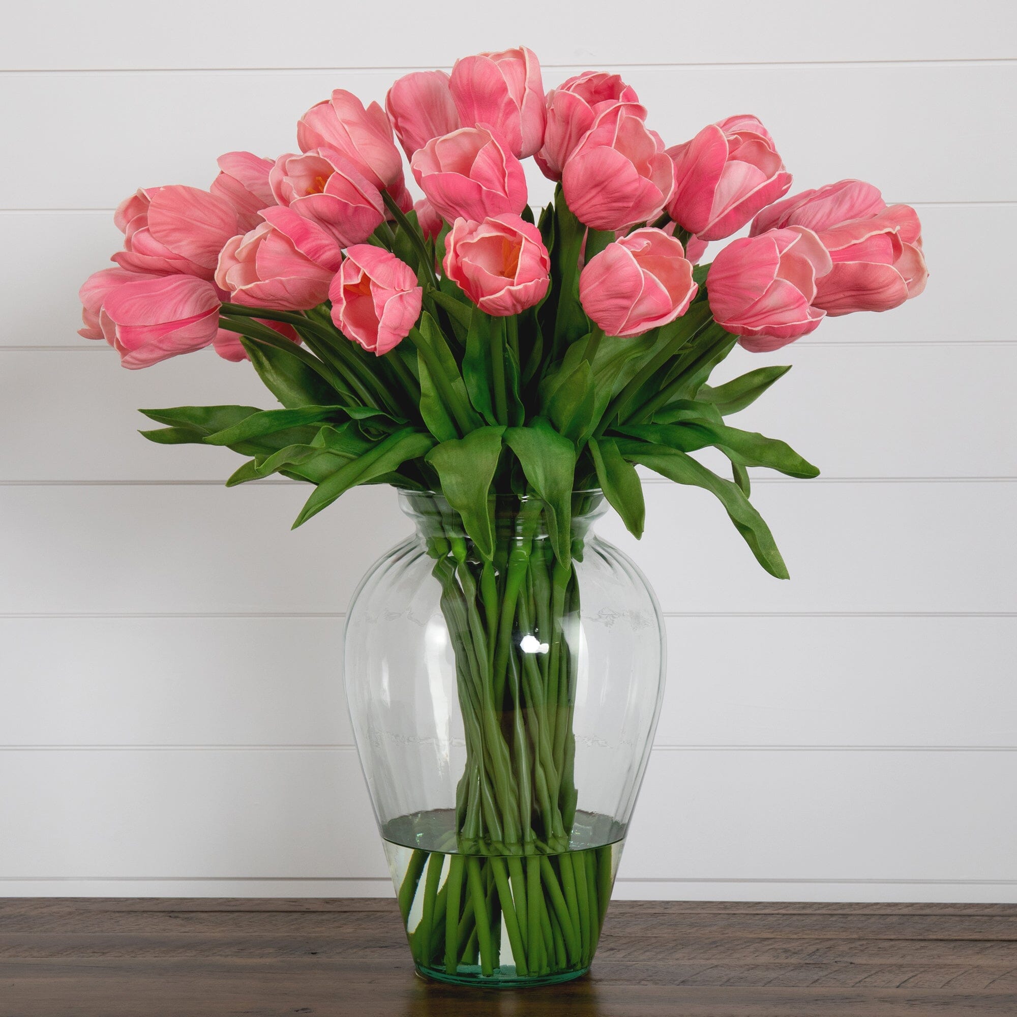 Signature Collection 24” Tulip Artificial Arrangement in Glass Vase | Nearly Natural