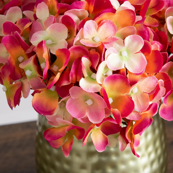 11” Artificial Hydrangea Arrangement in Gold Metal Vase | Nearly Natural
