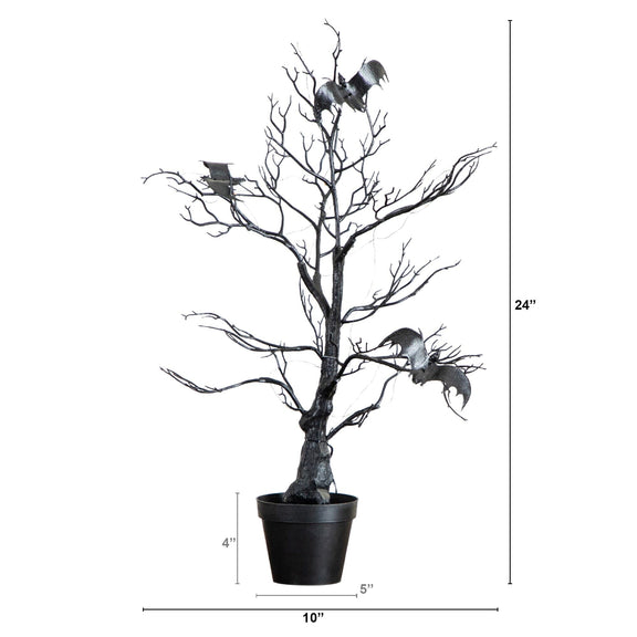 2' Pre-Lit Artificial Halloween Black Spooky Twig Tree with Bats and 4 ...