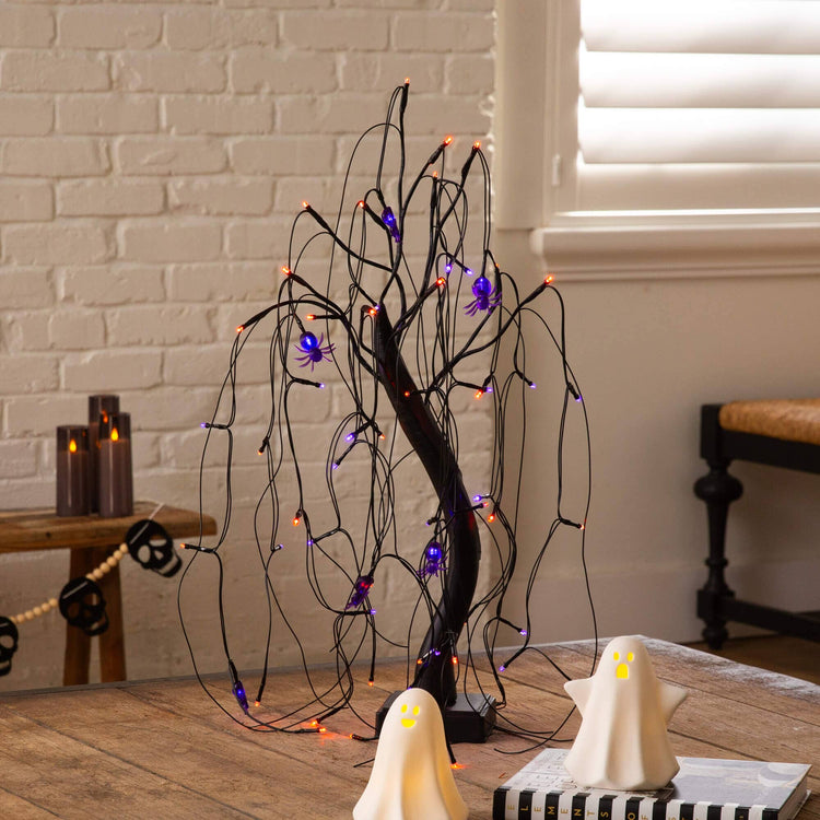2' Pre-Lit Halloween Artificial Black Spooky Spider Willow Tree with 6 ...