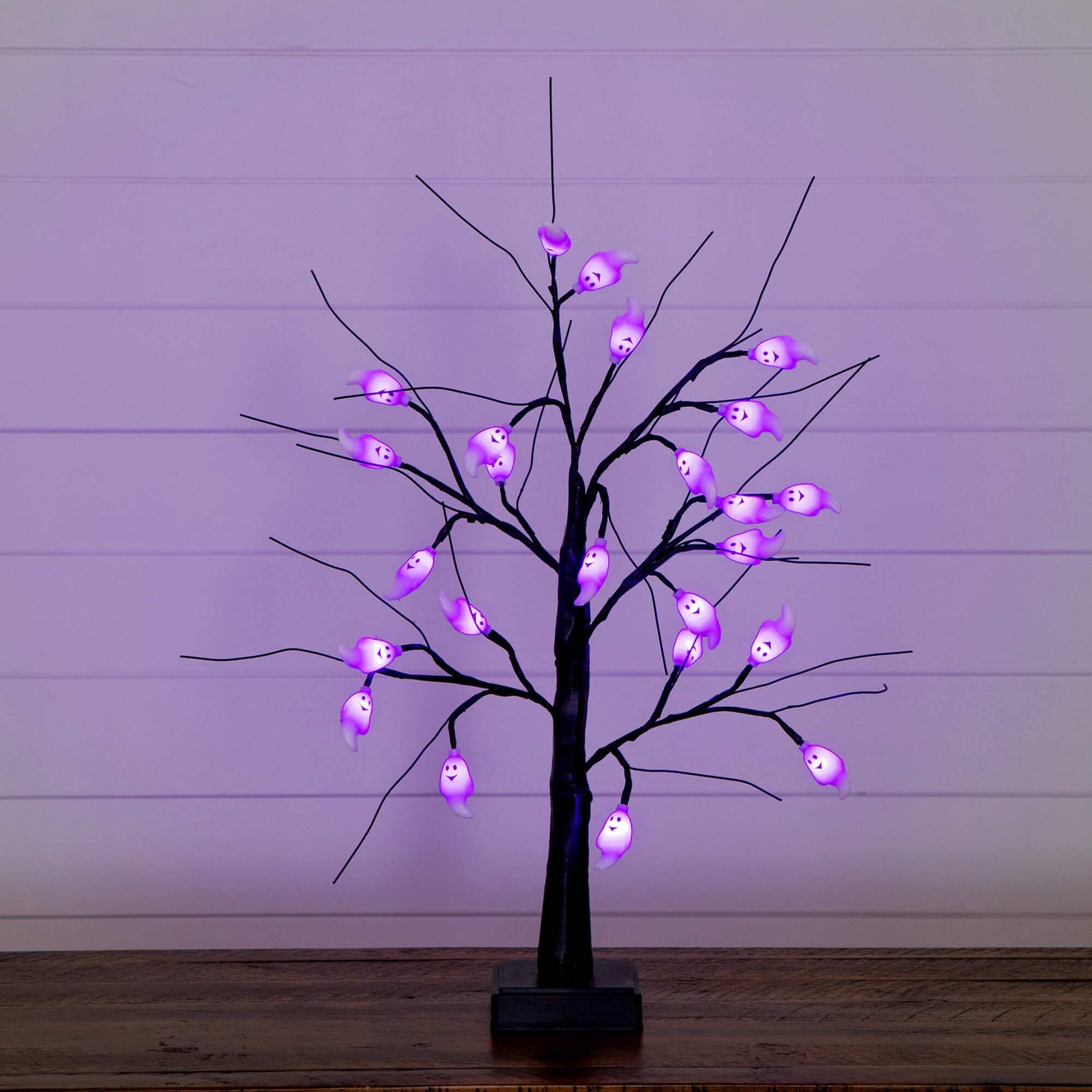 2' Pre-Lit Artificial Halloween Ghost Twig Tree with 24 Purple LED Lig ...