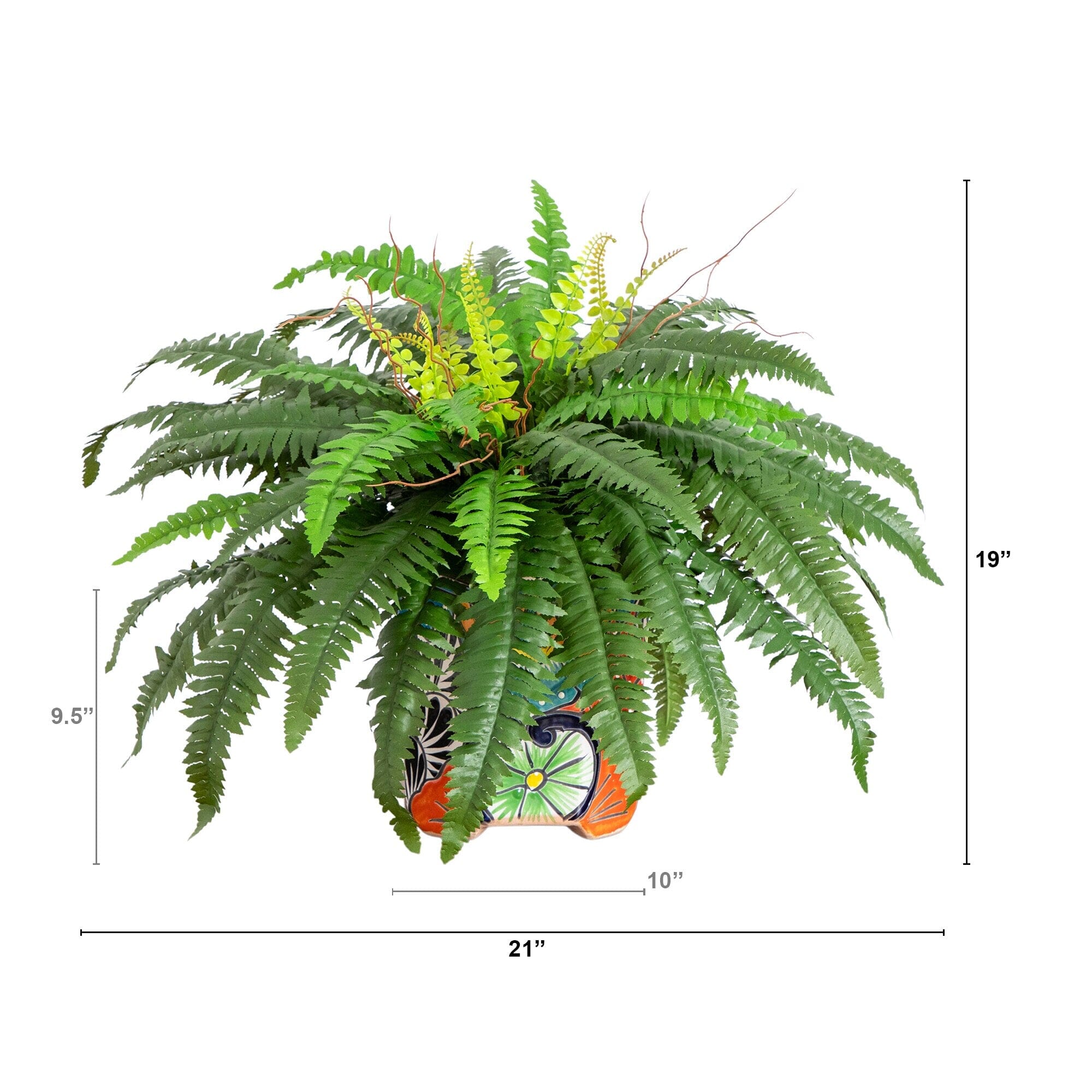 21” Artificial Boston Fern in Handmade Mexican Talavera Ceramic Planter ...