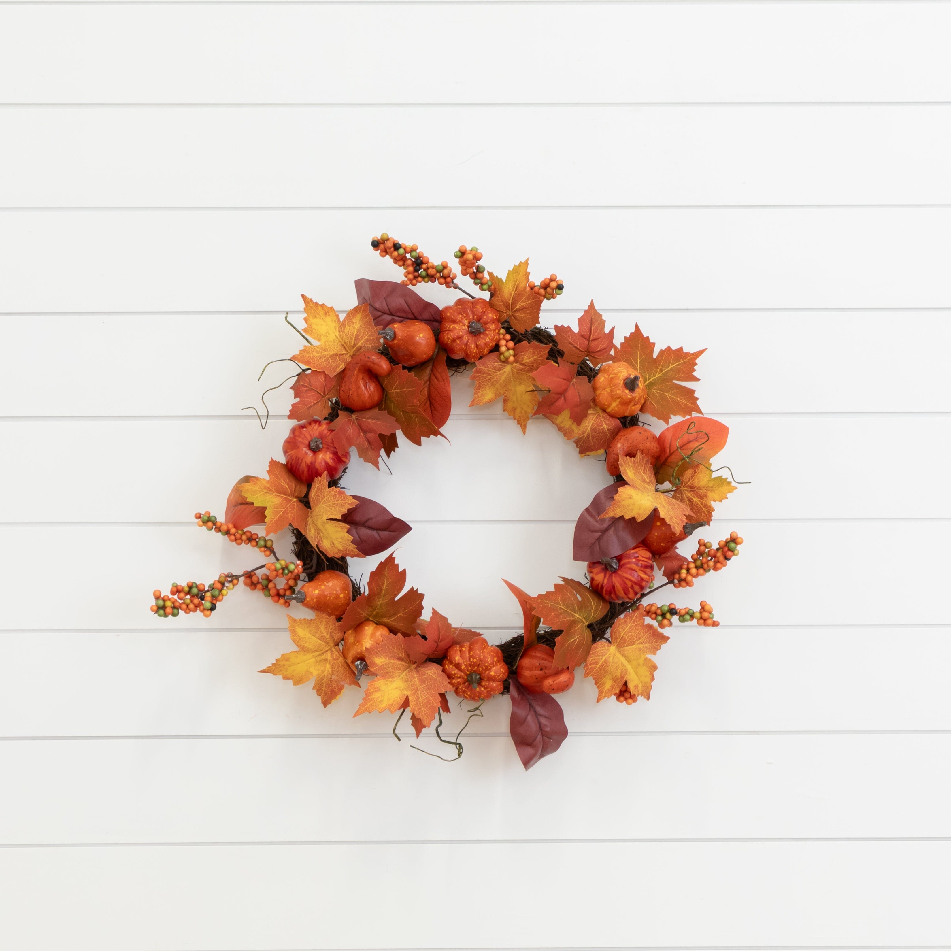 24” Autumn Maple Leaves, Pumpkin, Pinecone and Berries Artificial Fall ...