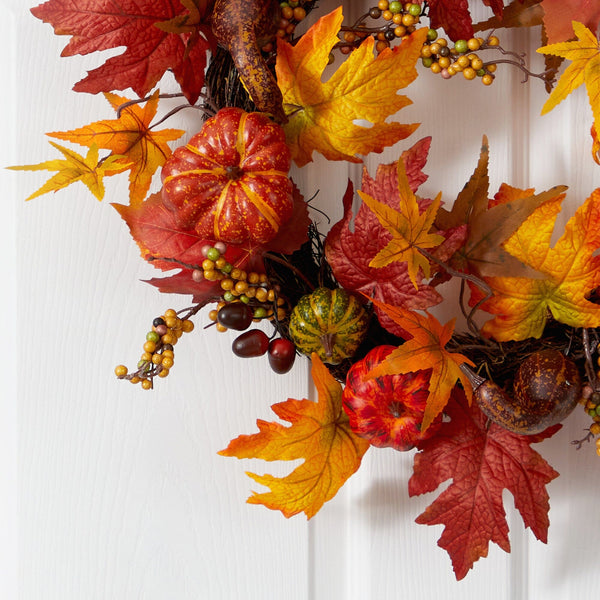 24” Autumn Pumpkin and Berries Artificial Fall Wreath | Nearly Natural