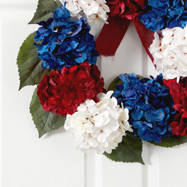 24” Red, White and Blue “Americana” Hydrangea Artificial Wreath | Nearly Natural