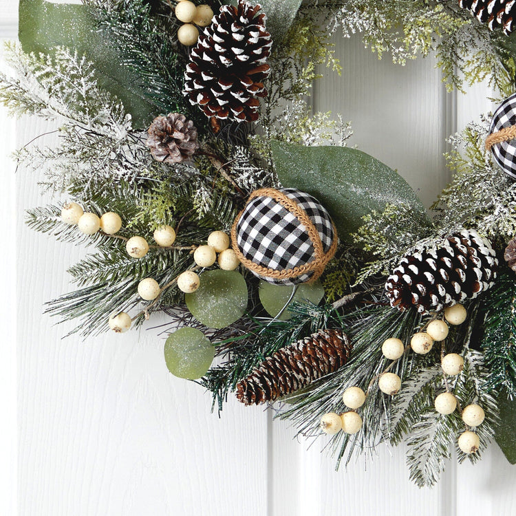 24” Snow Tipped Holiday Artificial Wreath with Berries, Pine Cones and ...