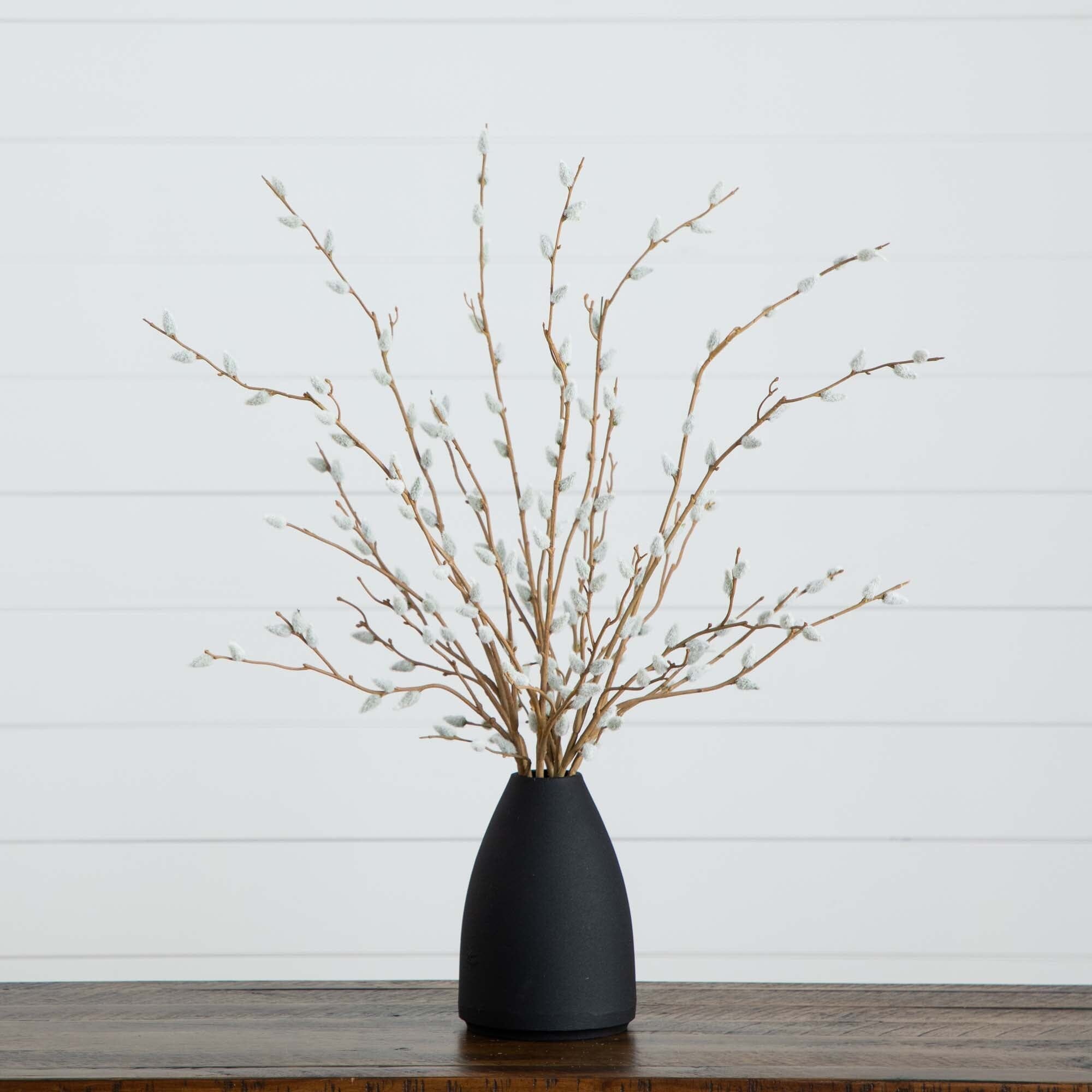 28” Artificial Pussy Willow Arrangement in Modern Metal Black Vase ...