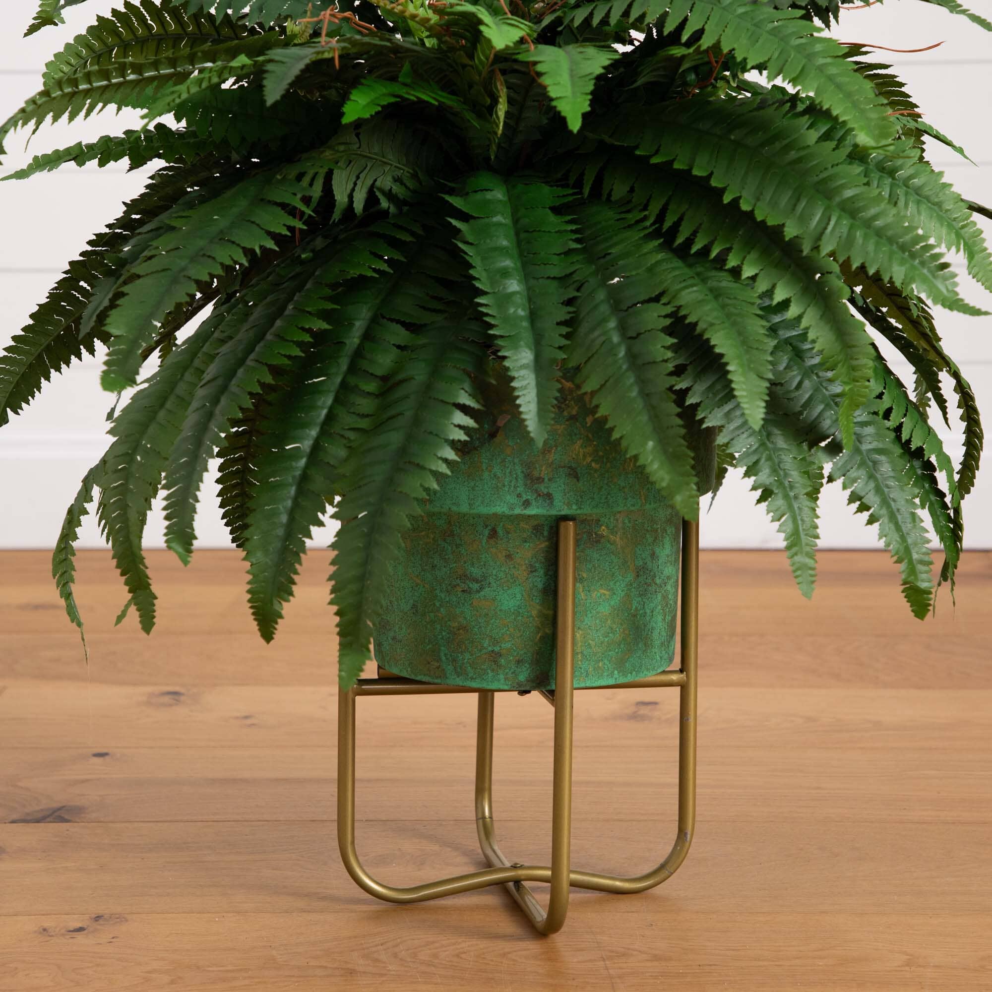 31” Artificial Boston Fern in Patina Metal Planter with Stand | Nearly ...