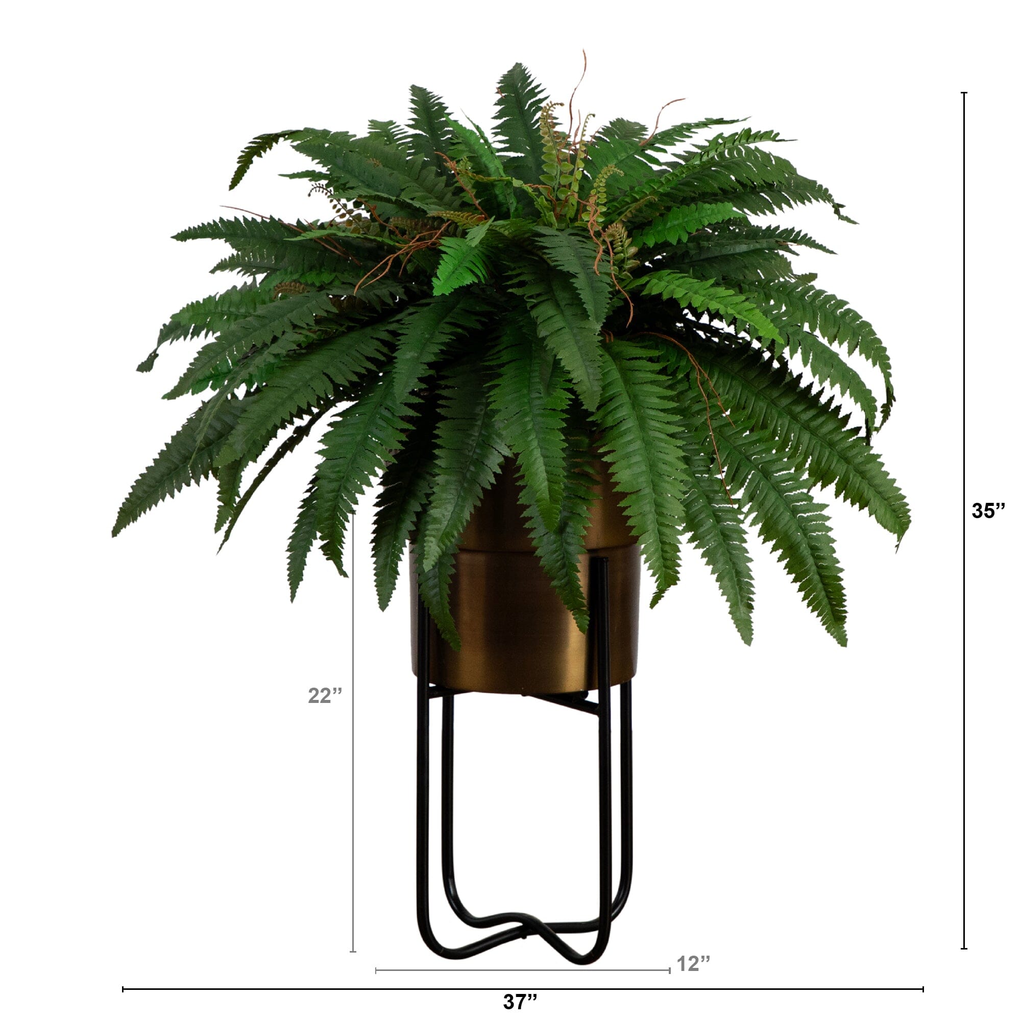 35” Artificial Boston Fern in Brass Metal Planter with Stand | Nearly ...