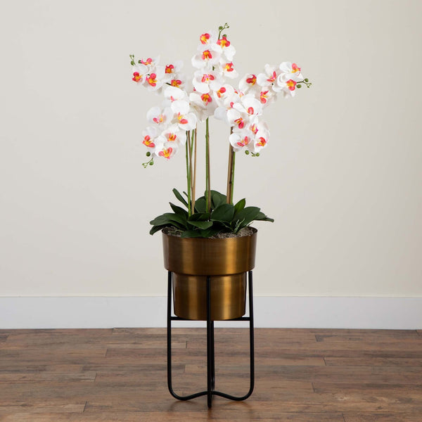 48” Artificial Orchid Arrangement in Brass Metal Planter with Stand ...