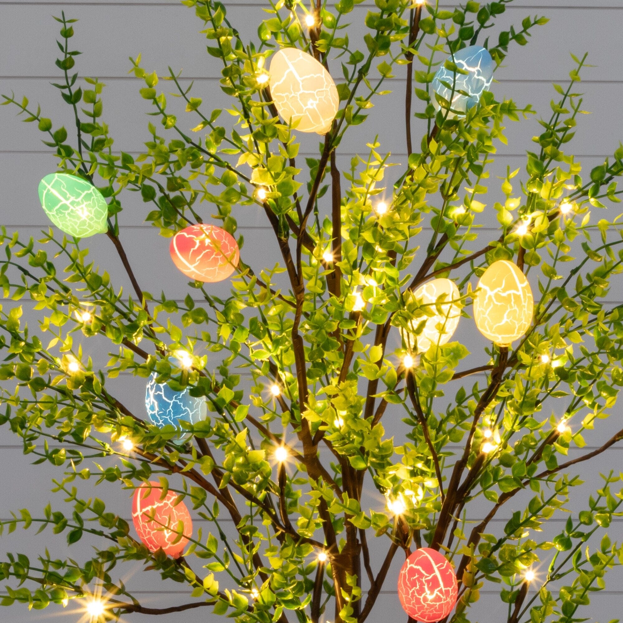 4' Pre-Lit Artificial Easter Egg Twig Tree with Greens and 48 Warm Whi ...