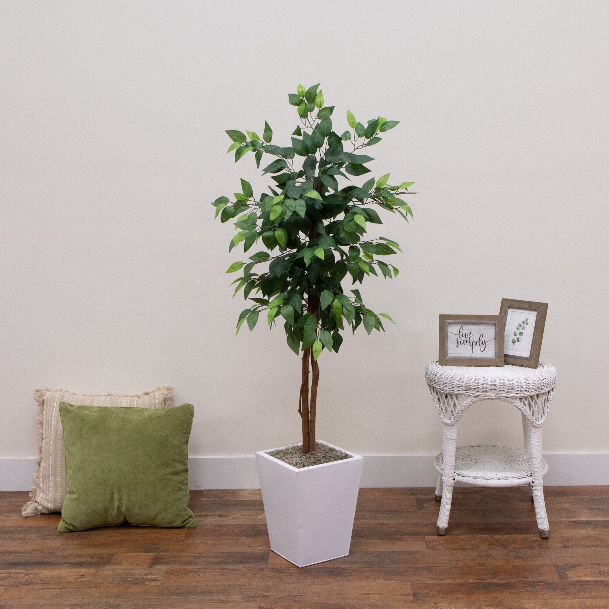 5' Artificial Ficus Tree in White Metal Square Planter | Nearly Natural