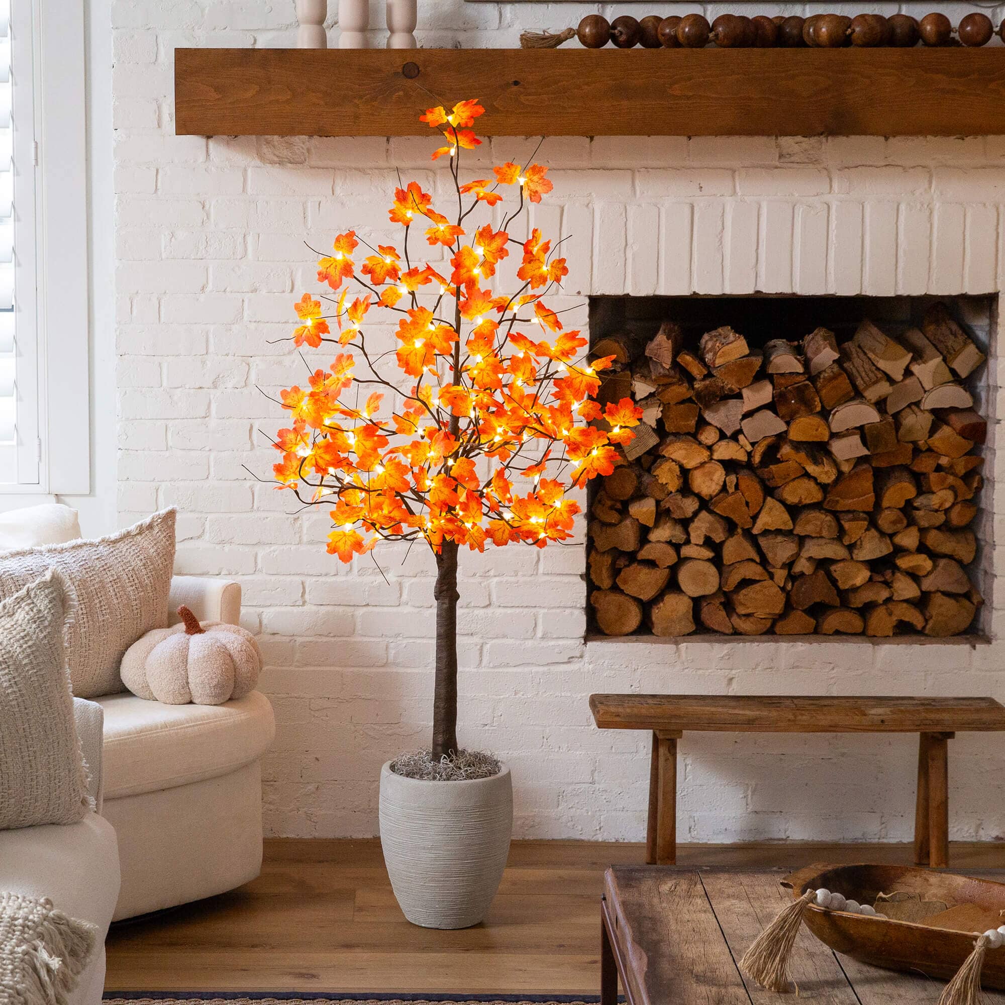 5' Pre-Lit Minimalist Autumn Maple Artificial Fall Tree with 96 Warm W ...