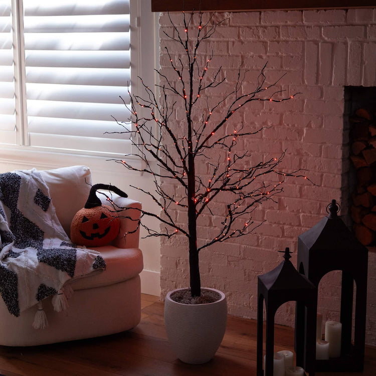 5' Pre-Lit Halloween Black Twig Artificial Tree with 240 Orange & Purp ...