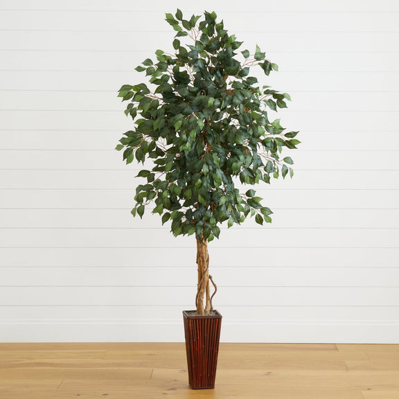 6' Ficus Tree w/Bamboo Planter | Nearly Natural