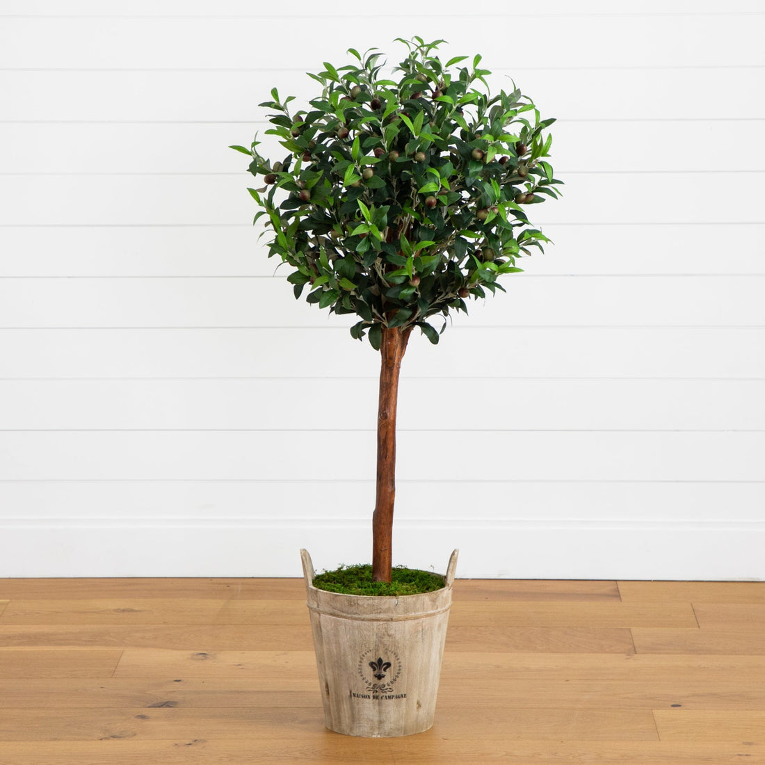 Olive Topiary Tree with Farmhouse Planter | Nearly Natural