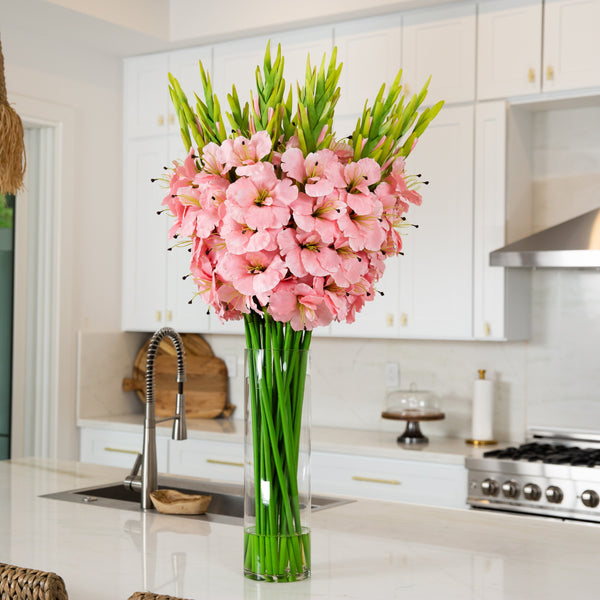 Signature Collection 44” Gladiola Artificial Arrangement in Glass Vase | Nearly Natural
