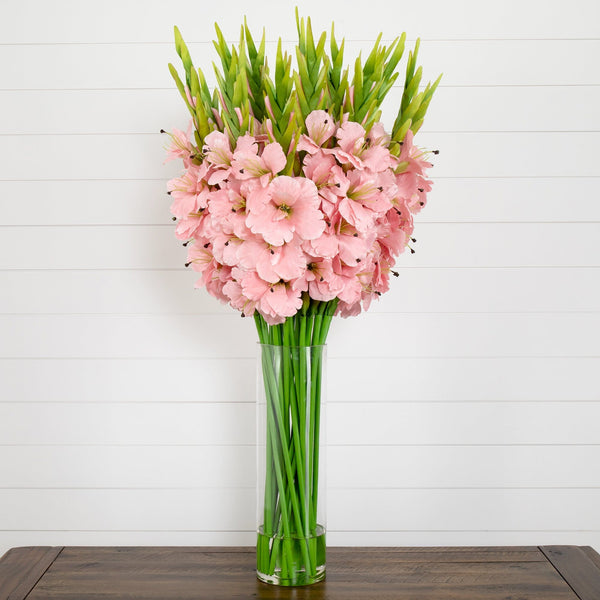 Signature Collection 44” Gladiola Artificial Arrangement in Glass Vase | Nearly Natural