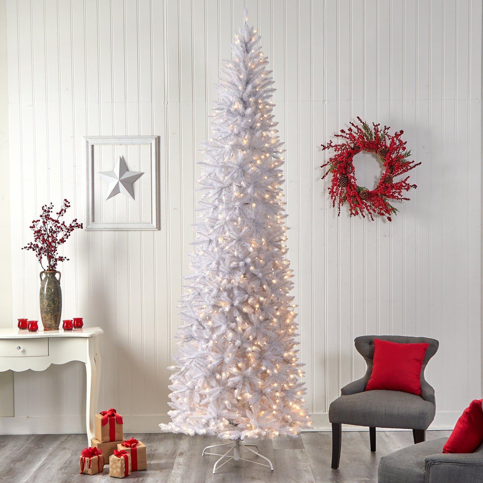 10’ Slim White Artificial Christmas Tree with 800 Warm White LED Lights ...