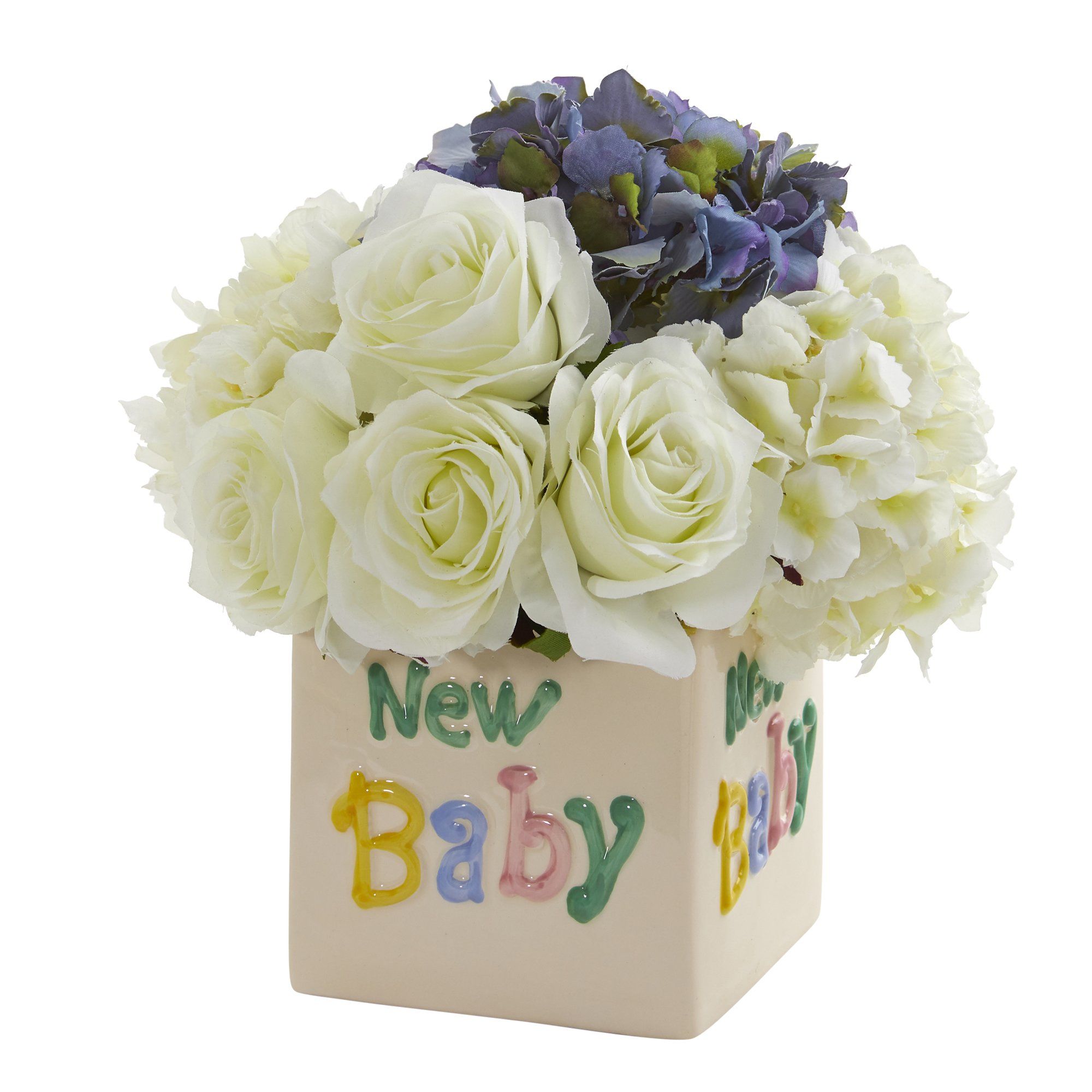 11” Rose and Hydrangea Artificial Arrangement in “New Baby” Vase ...