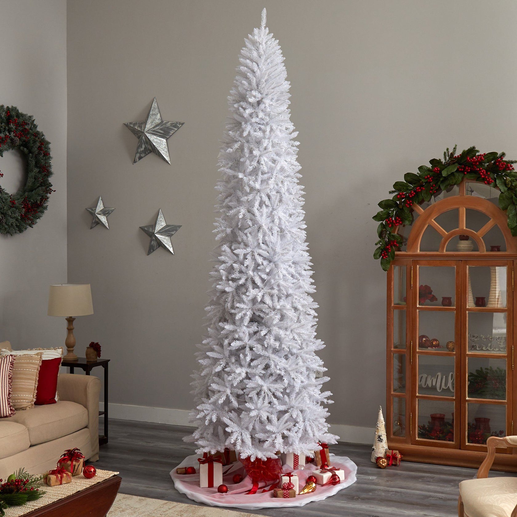 11’ Slim White Artificial Christmas Tree with 950 Warm White LED Lights ...