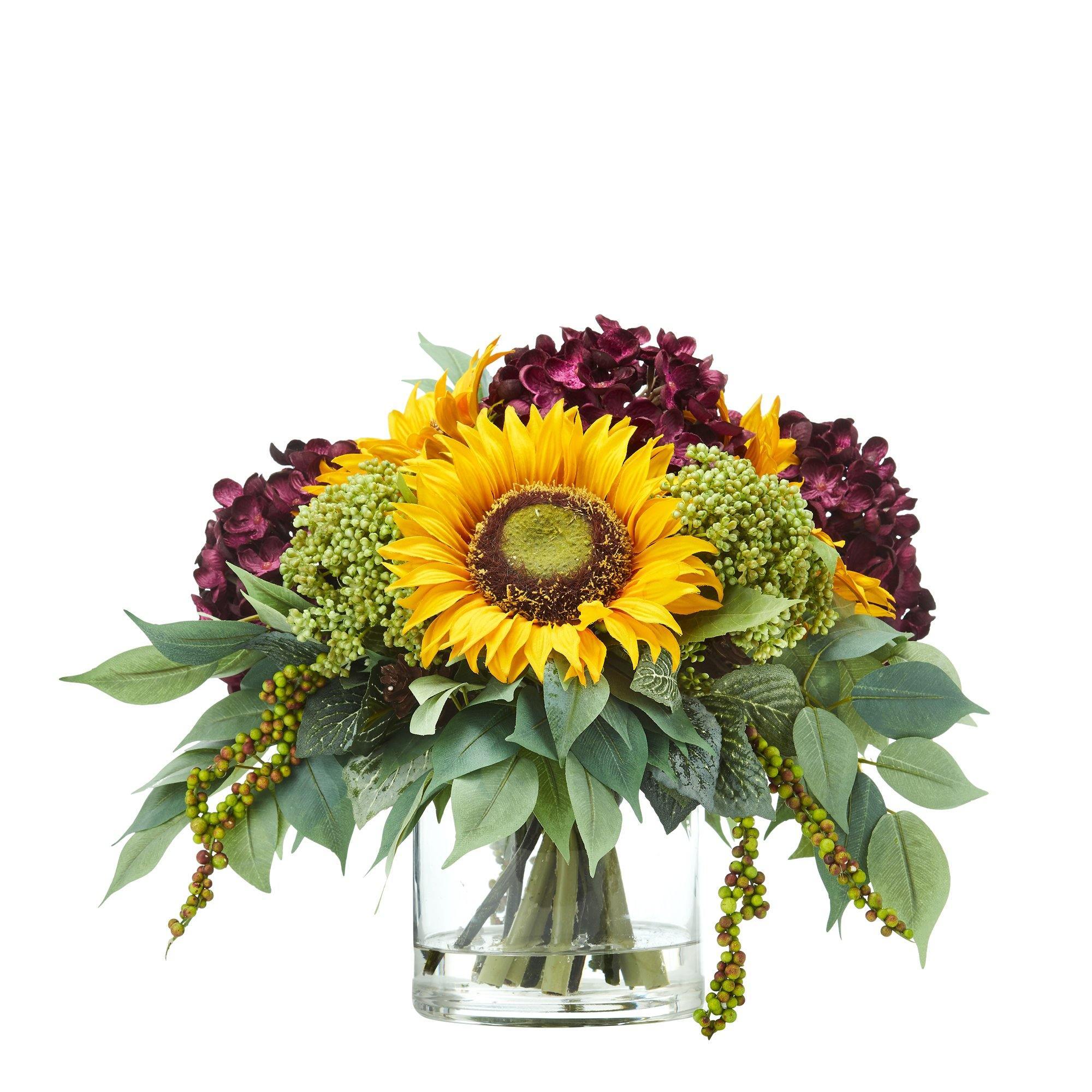 11” Sunflower and Hydrangea Artificial Arrangement | Nearly Natural
