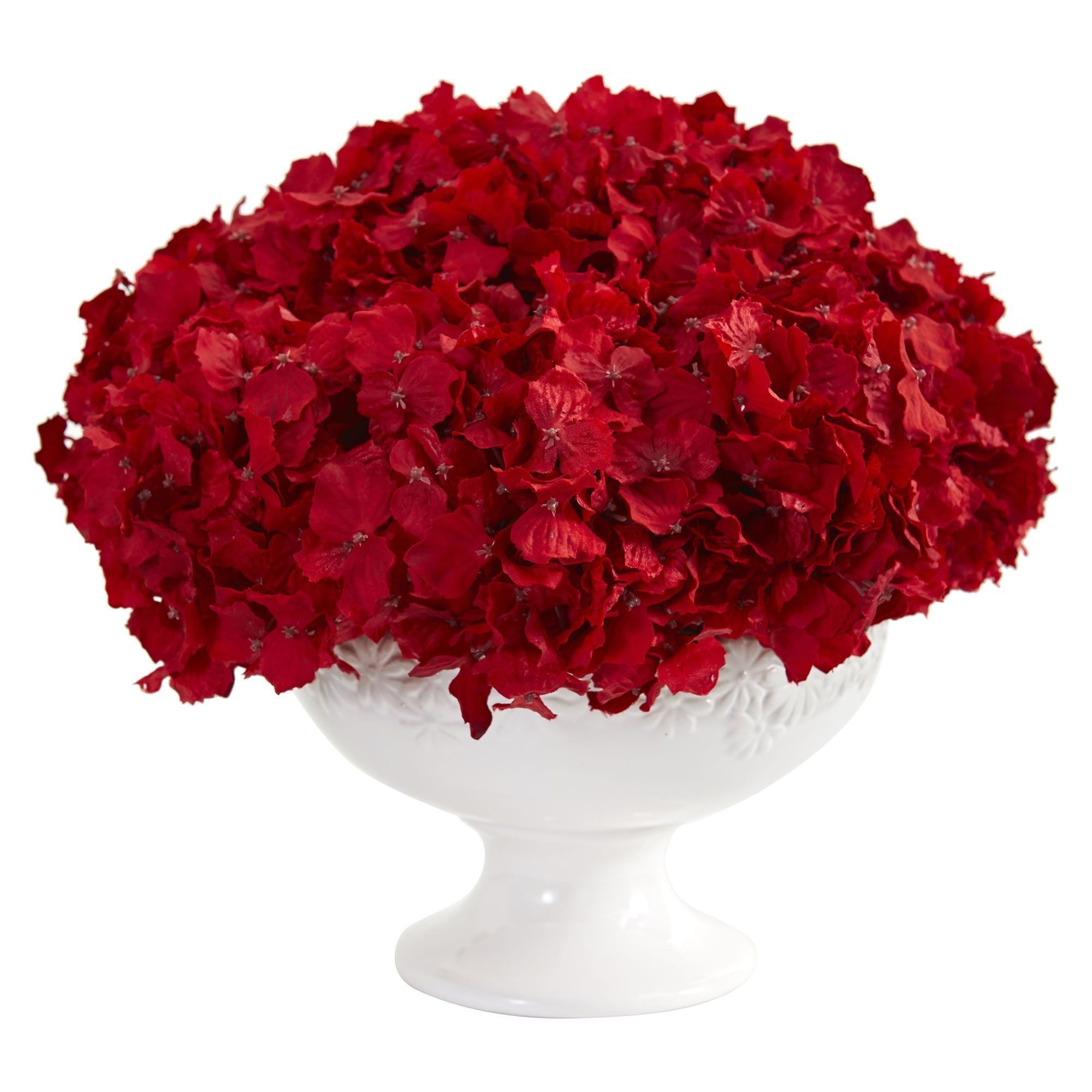 12” Red Hydrangea Artificial Arrangement in Pedestal Vase | Nearly Natural
