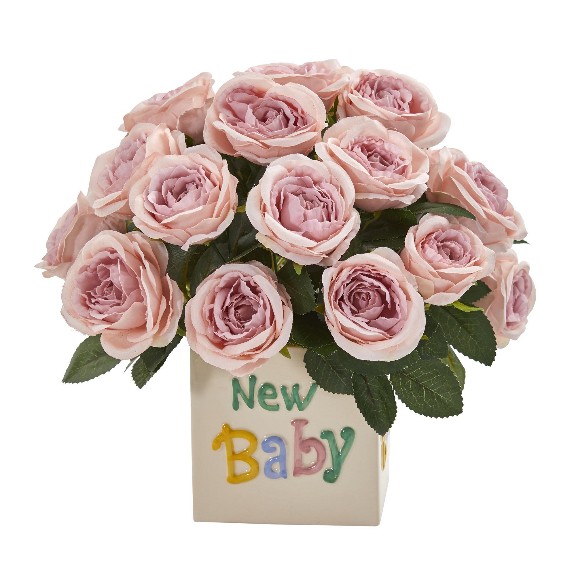 12” Rose Artificial Arrangement “New Baby” Vase | Nearly Natural