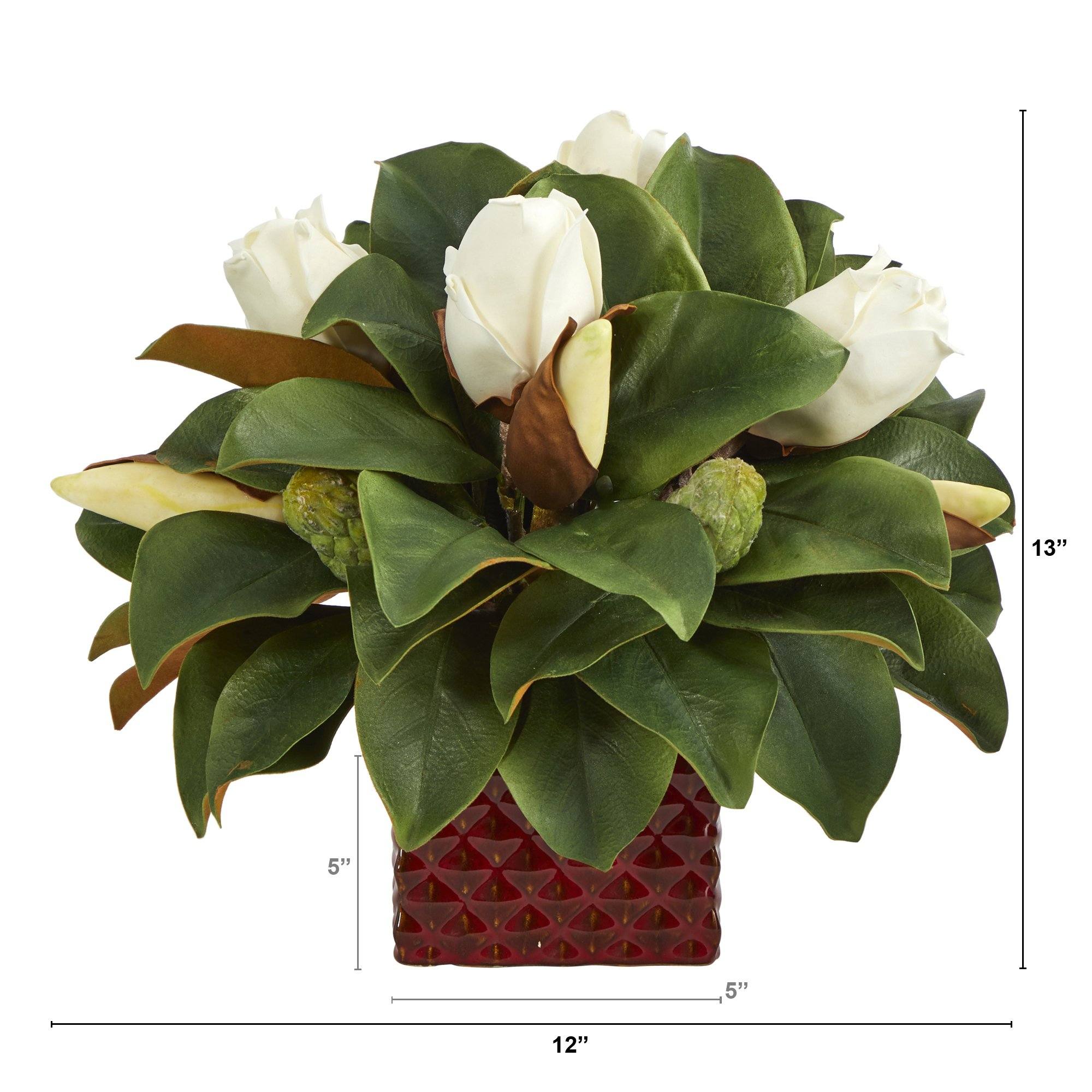 13” Magnolia Bud Artificial Plant in Red Planter | Nearly Natural