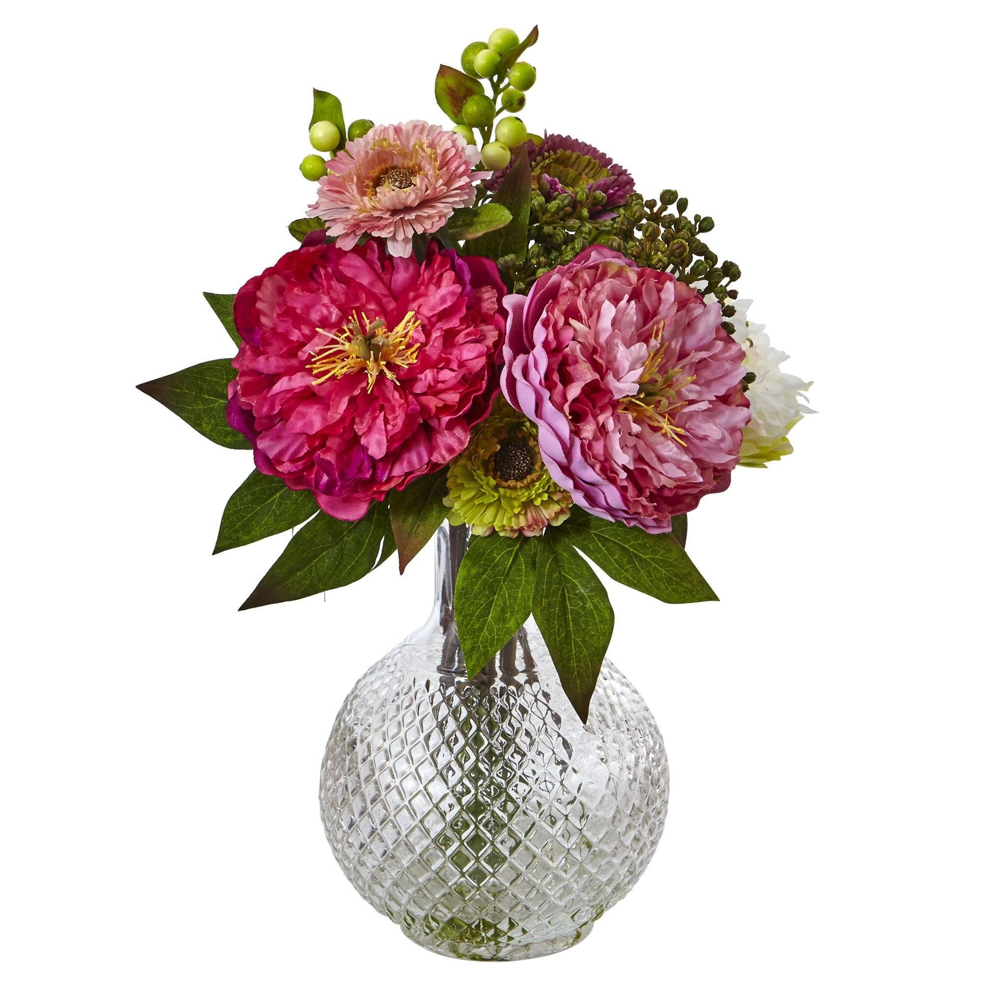 14" Artificial Peony and Mum in Glass Vase | Nearly Natural"