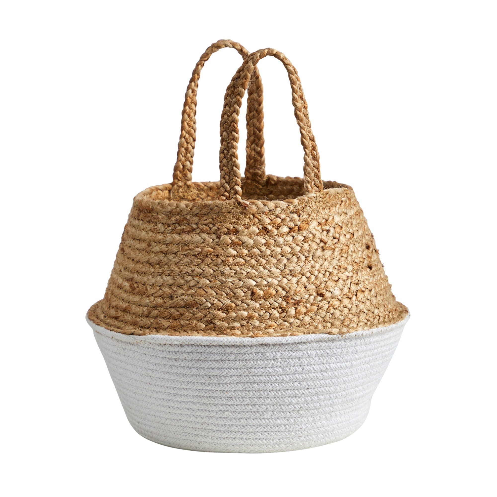 14” Boho Chic Handmade Cotton & Jute White Woven Planter | Nearly Natural