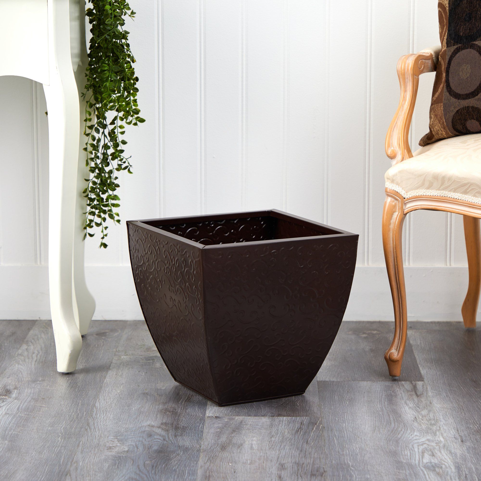 14” Embossed Metal Scroll Planter | Nearly Natural
