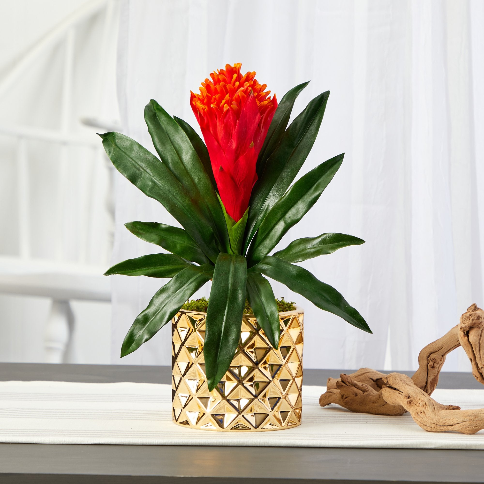 15” Bromeliad Artificial Plant in Gold Planter | Nearly Natural