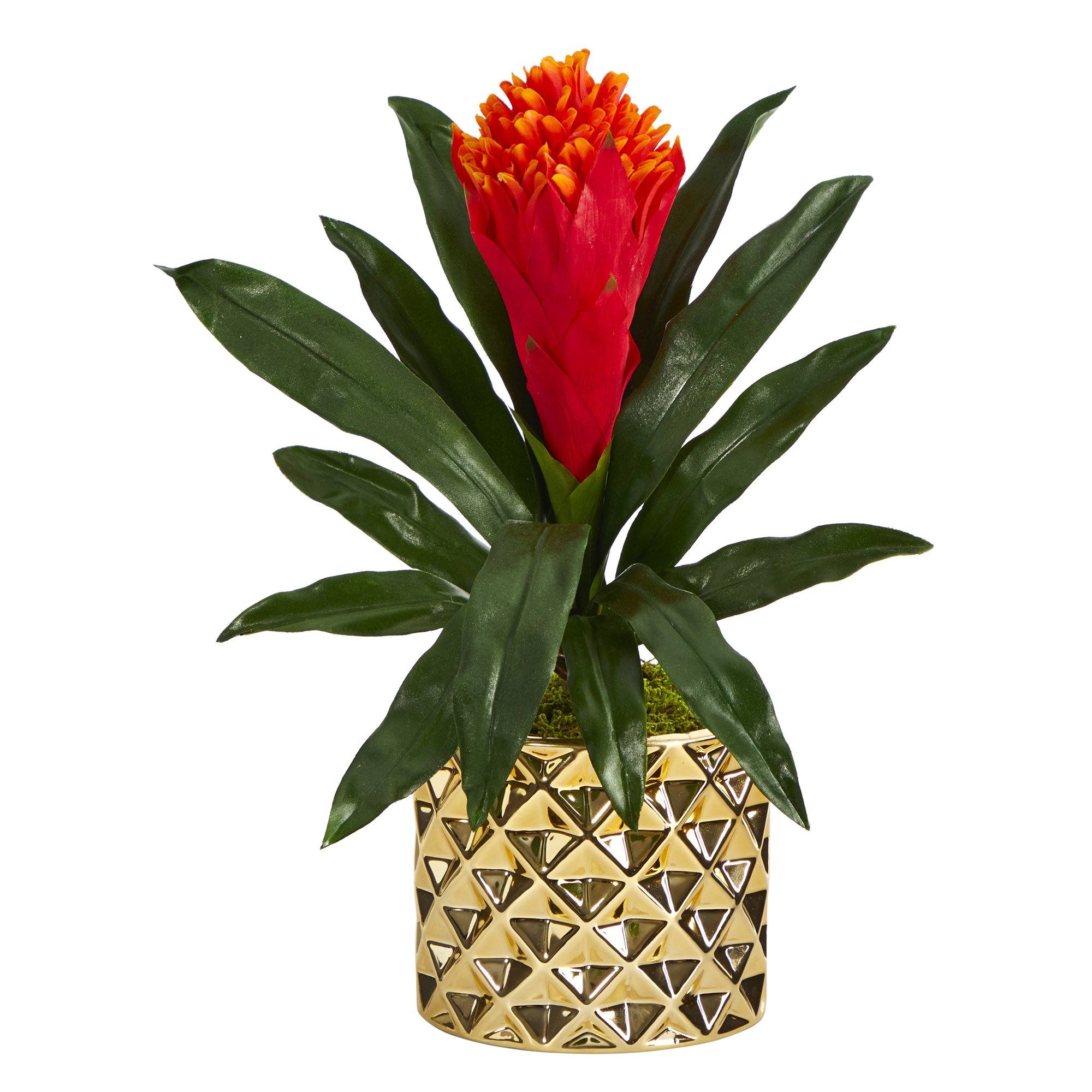 15” Bromeliad Artificial Plant in Gold Planter | Nearly Natural