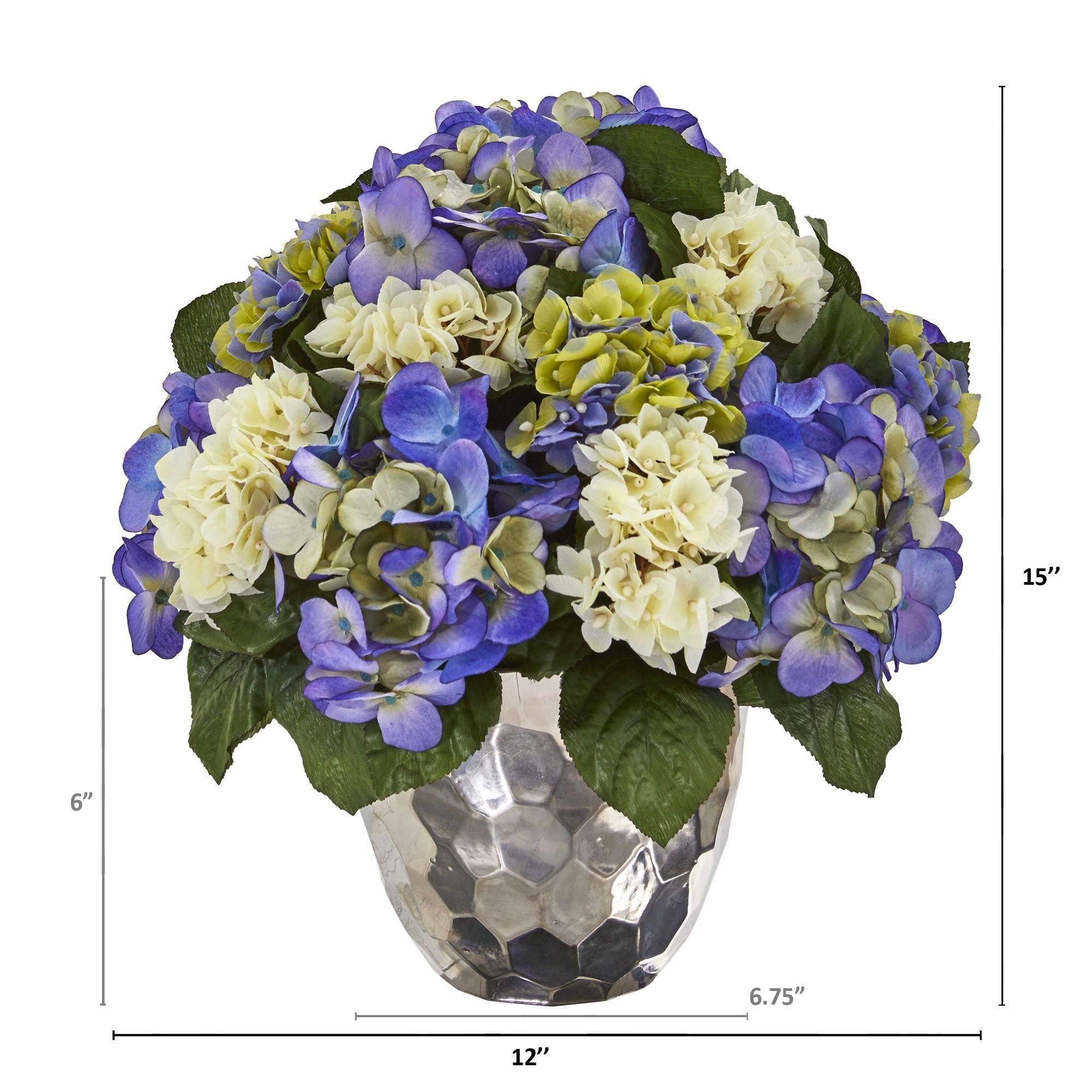 Hydrangea Artificial Arrangement in Silver Vase | Nearly Natural