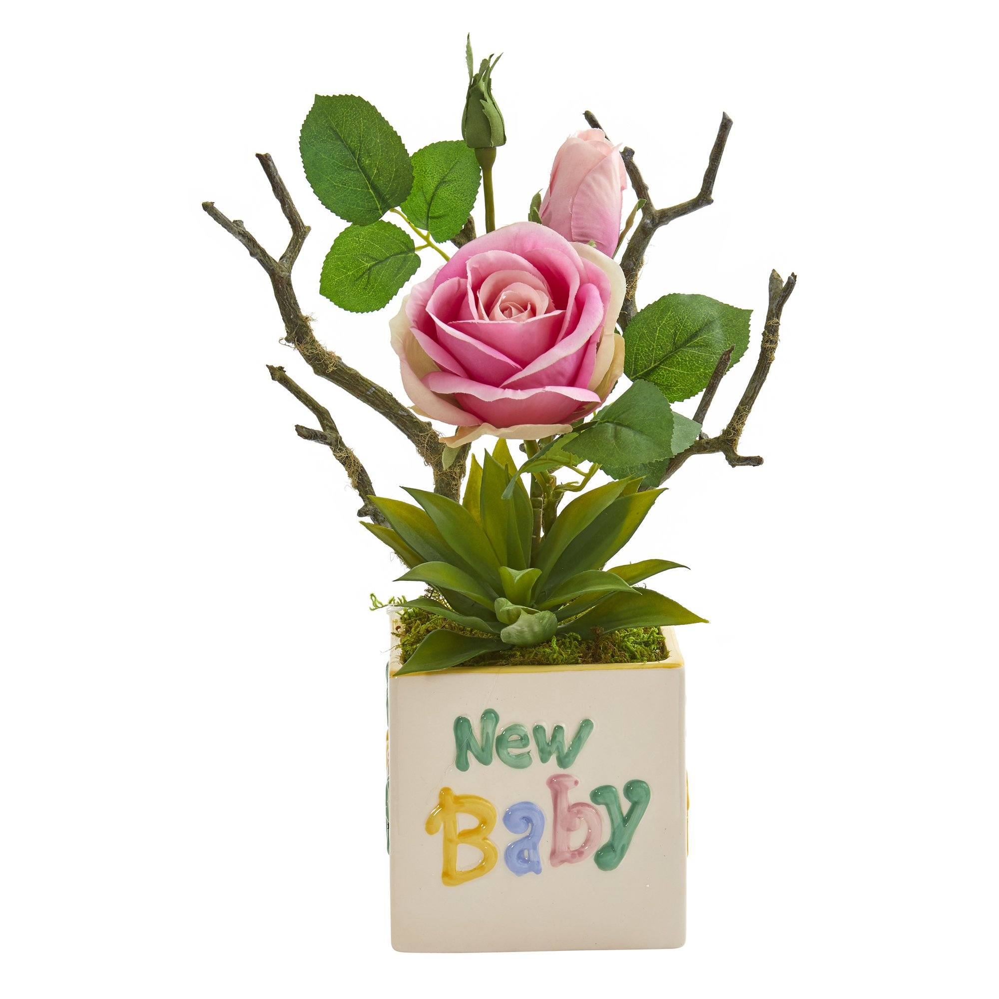 15” Rose and Agave Artificial Arrangement in “New Baby” Vase | Nearly ...