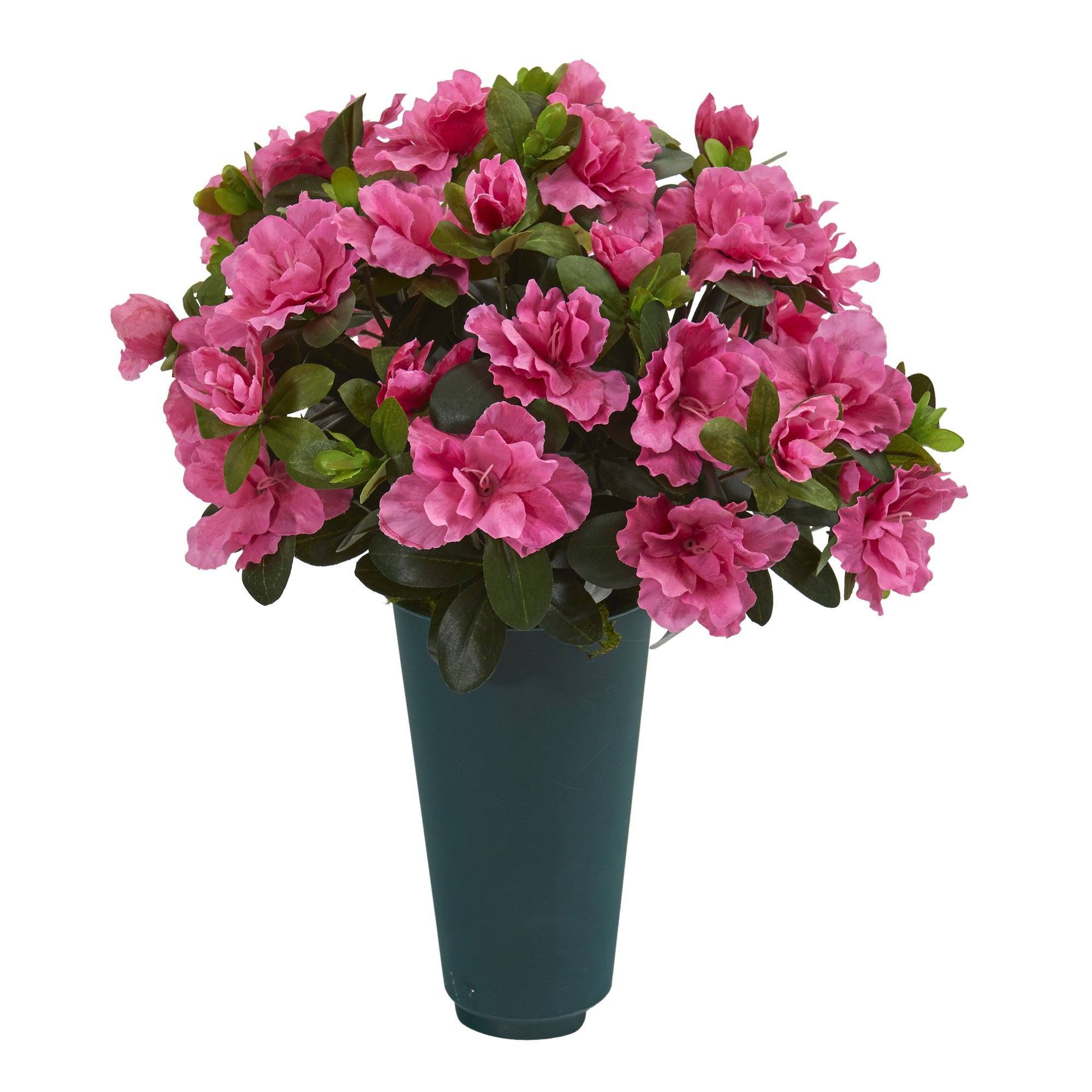 17” Azalea Artificial Graveside Memorial Arrangement in Green Vase ...