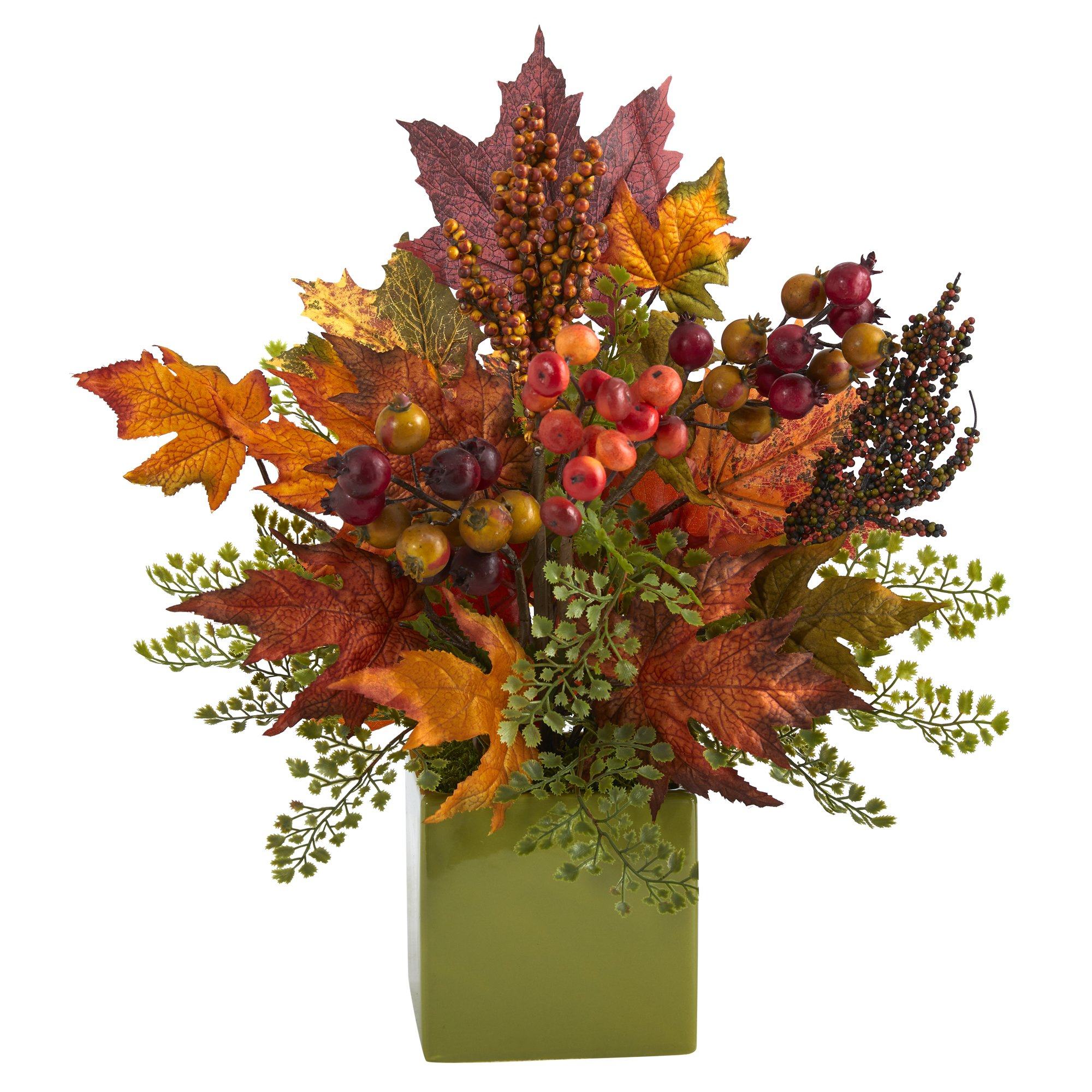 17” Maple Leaf, Berries and Maiden Hair Artificial Arrangement in Green ...