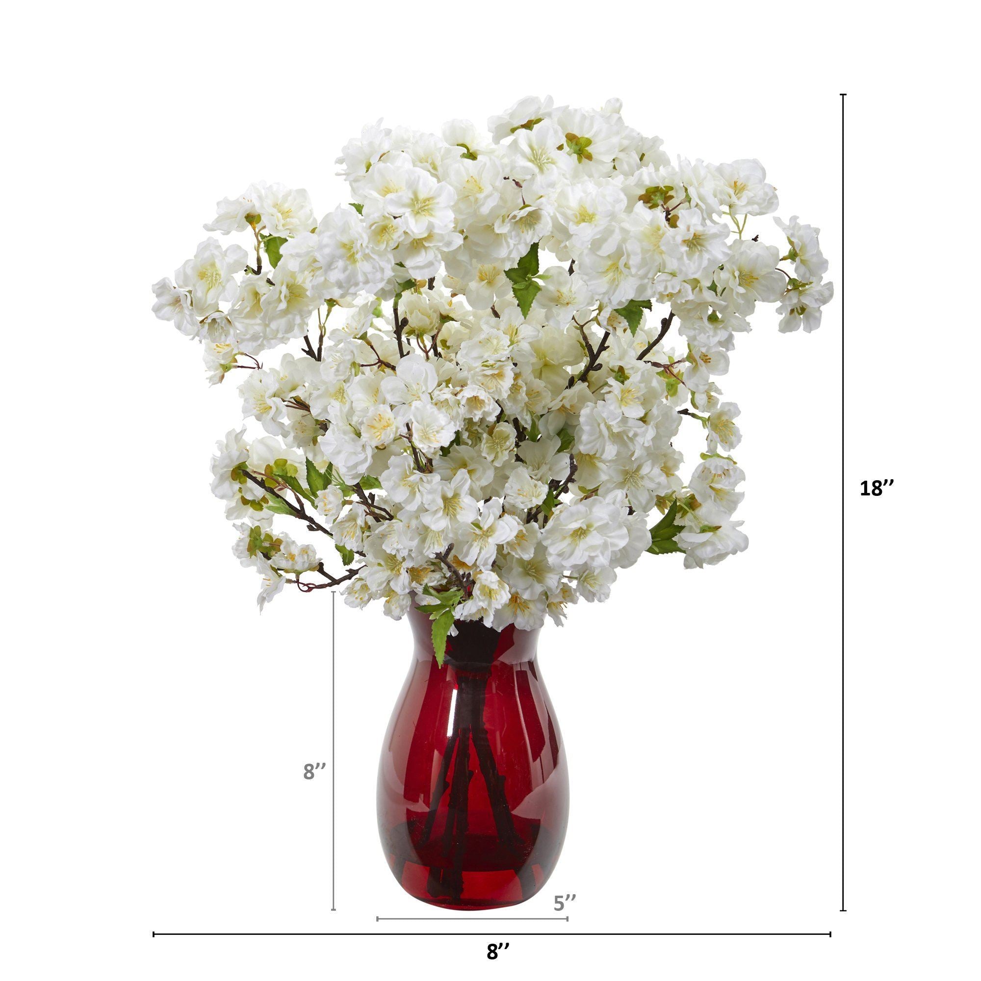 18” Cherry Blossom Artificial Arrangement in Ruby Vase | Nearly Natural