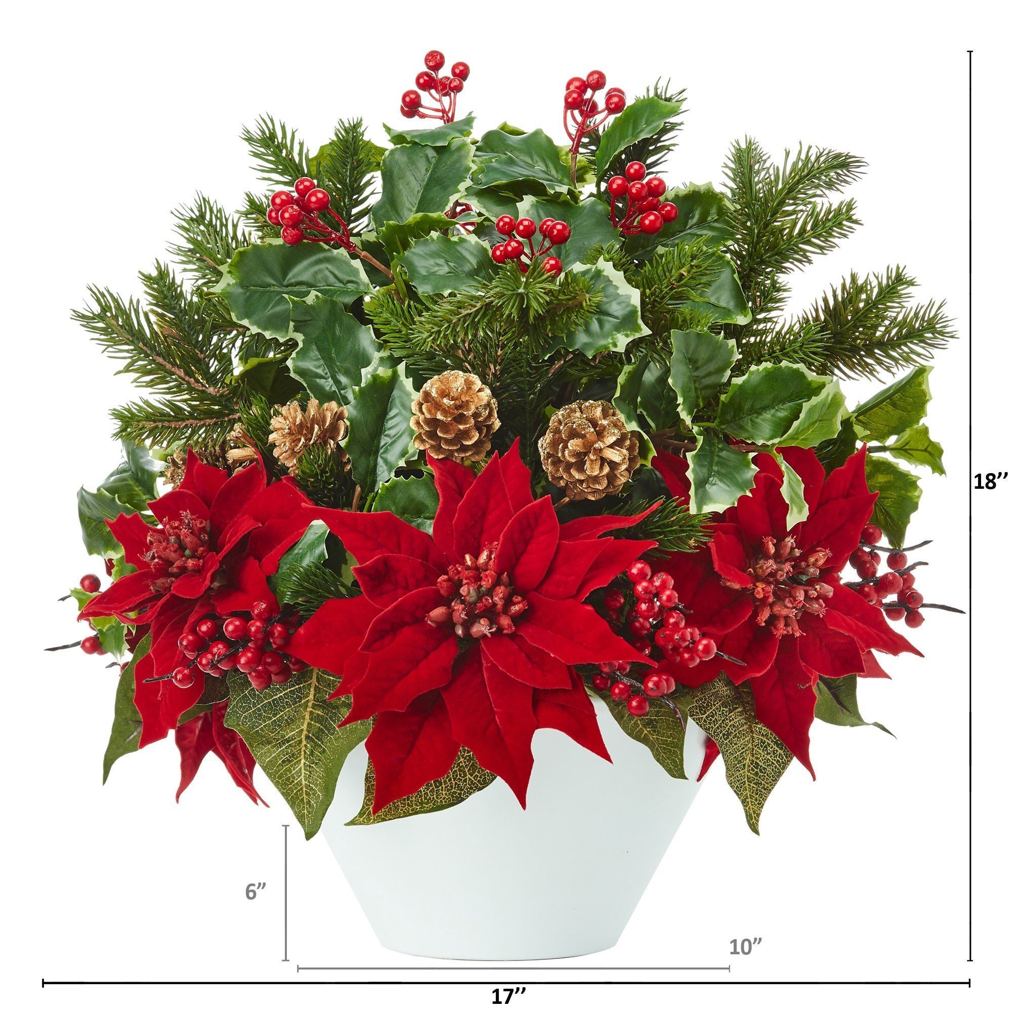 18” Poinsettia, Holly Leaf and Pine Artificial Arrangement in White ...