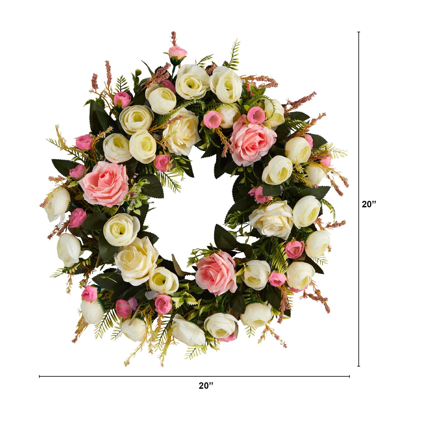 20” White & Pink Rose Artificial Wreath | Nearly Natural
