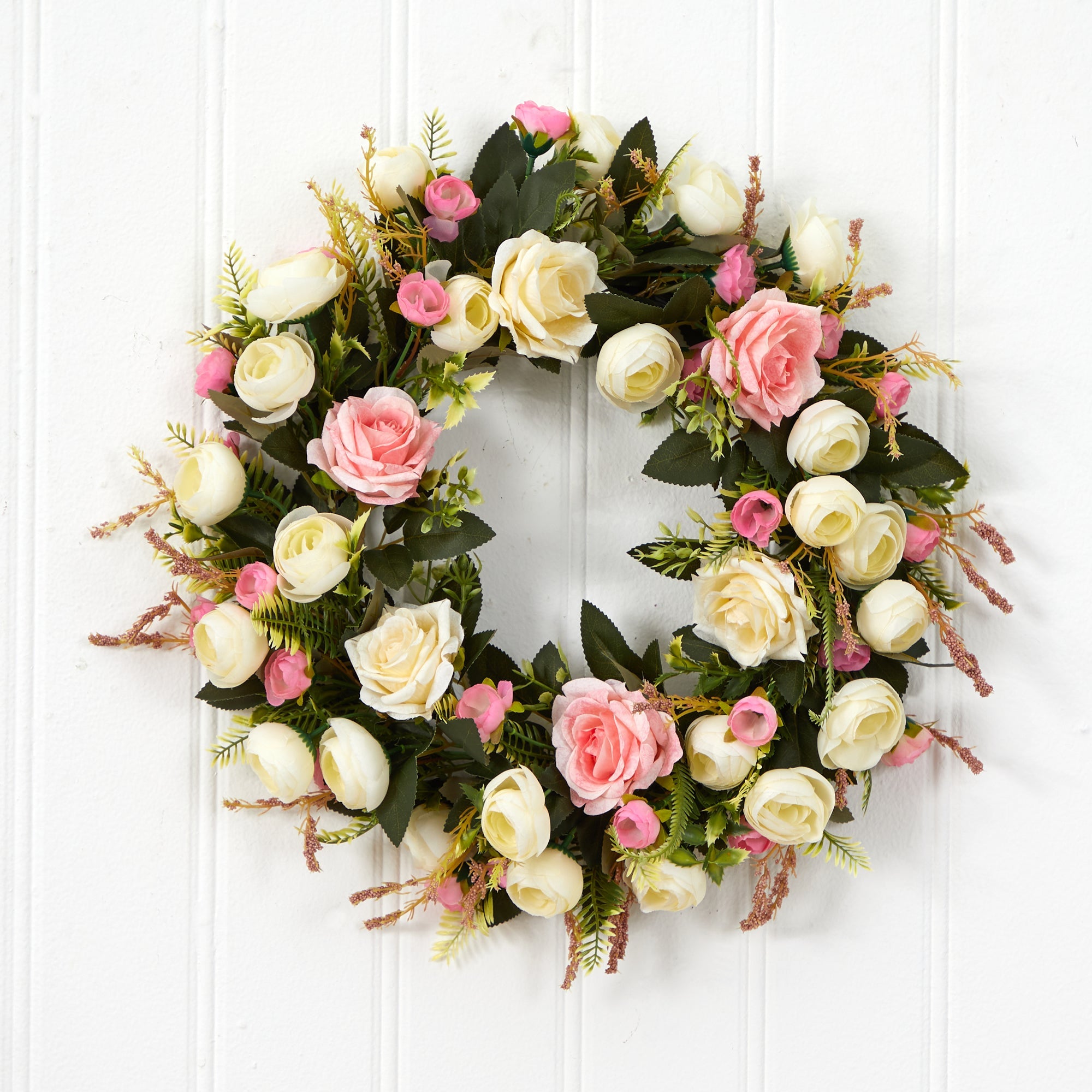 20” White & Pink Rose Artificial Wreath | Nearly Natural