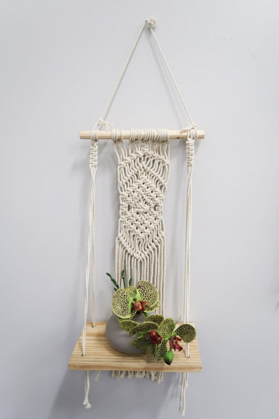 22” Boho Chic Wood Macrame Shelf with Diamond Weave | Nearly Natural