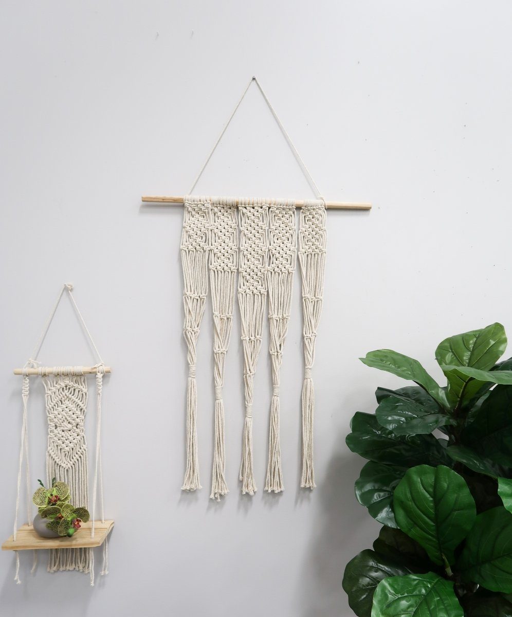 22” Boho Chic Wood Macrame Shelf with Diamond Weave | Nearly Natural
