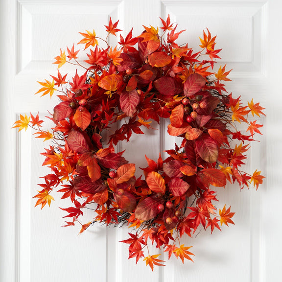 22” Japanese Maple, Magnolia Leaf and Berries Artificial Wreath ...