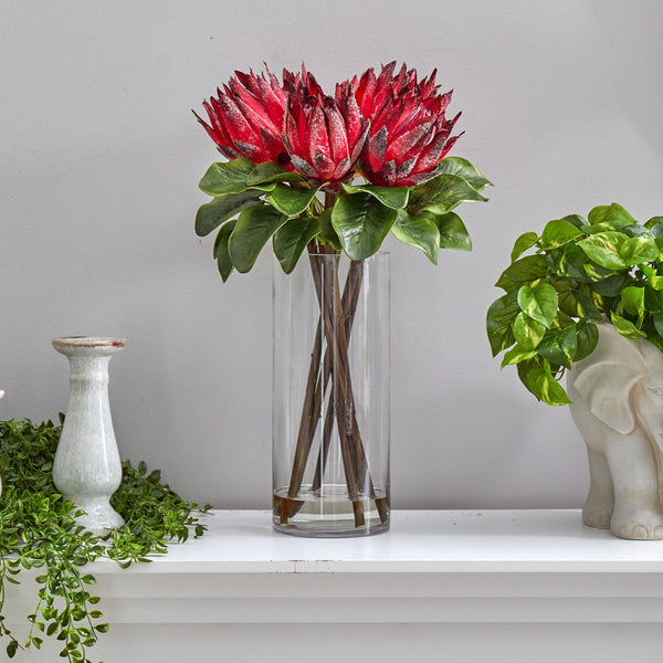 22” King Protea Artificial Arrangement in Glass Vase | Nearly Natural