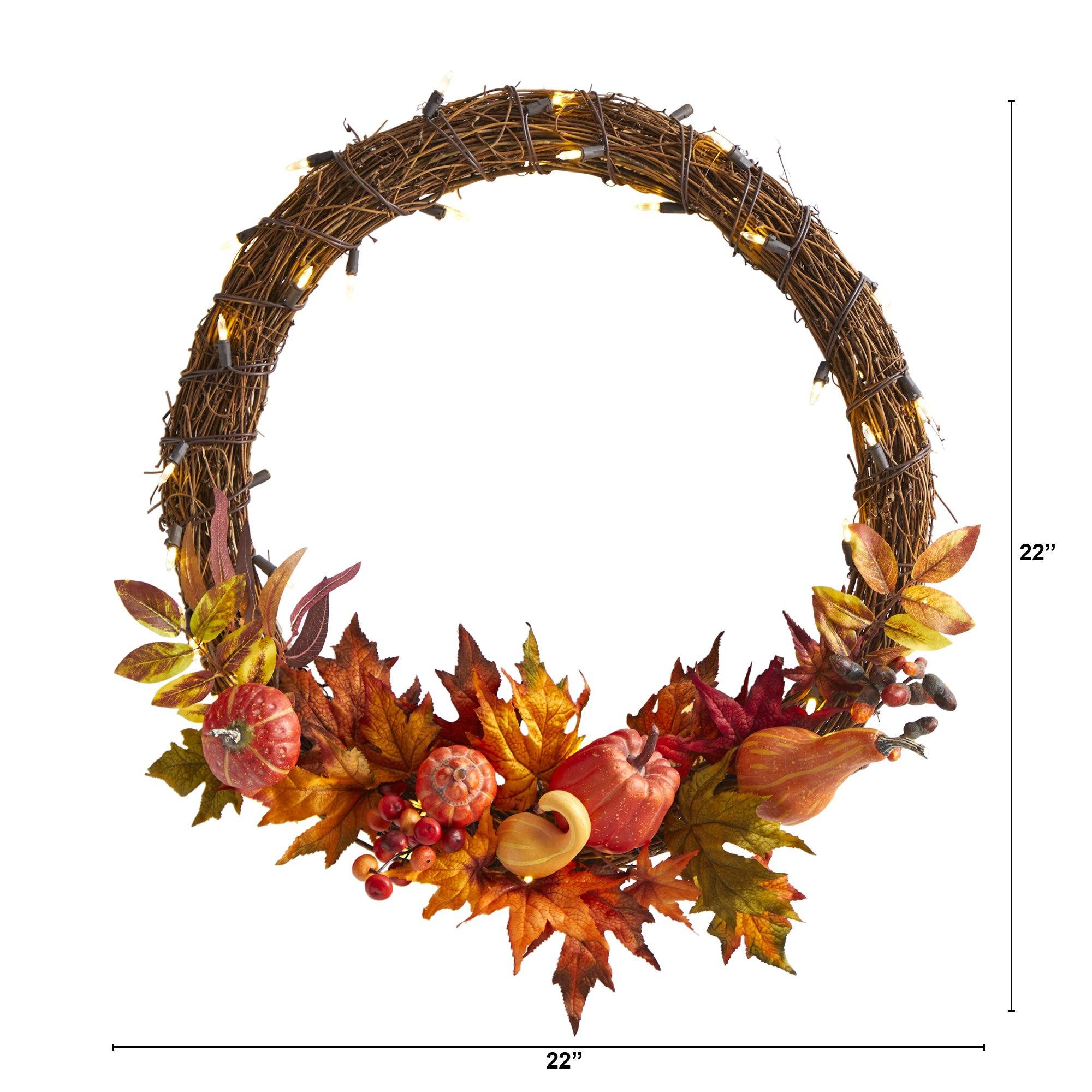 22” Pumpkin and Maple Artificial Autumn Wreath with 50 Warm White LED ...