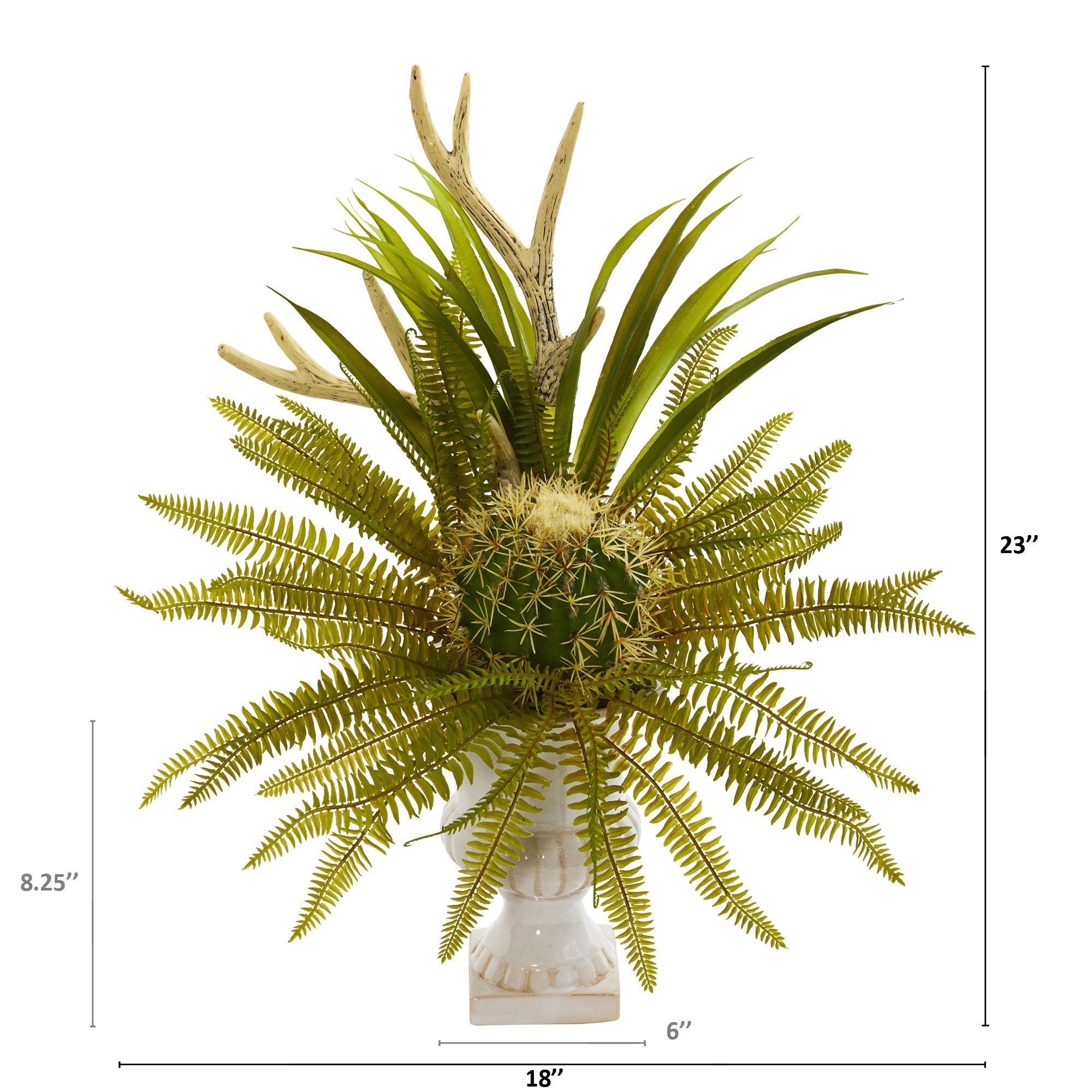 23” Cactus and Fern Artificial Plant in White Urn | Nearly Natural