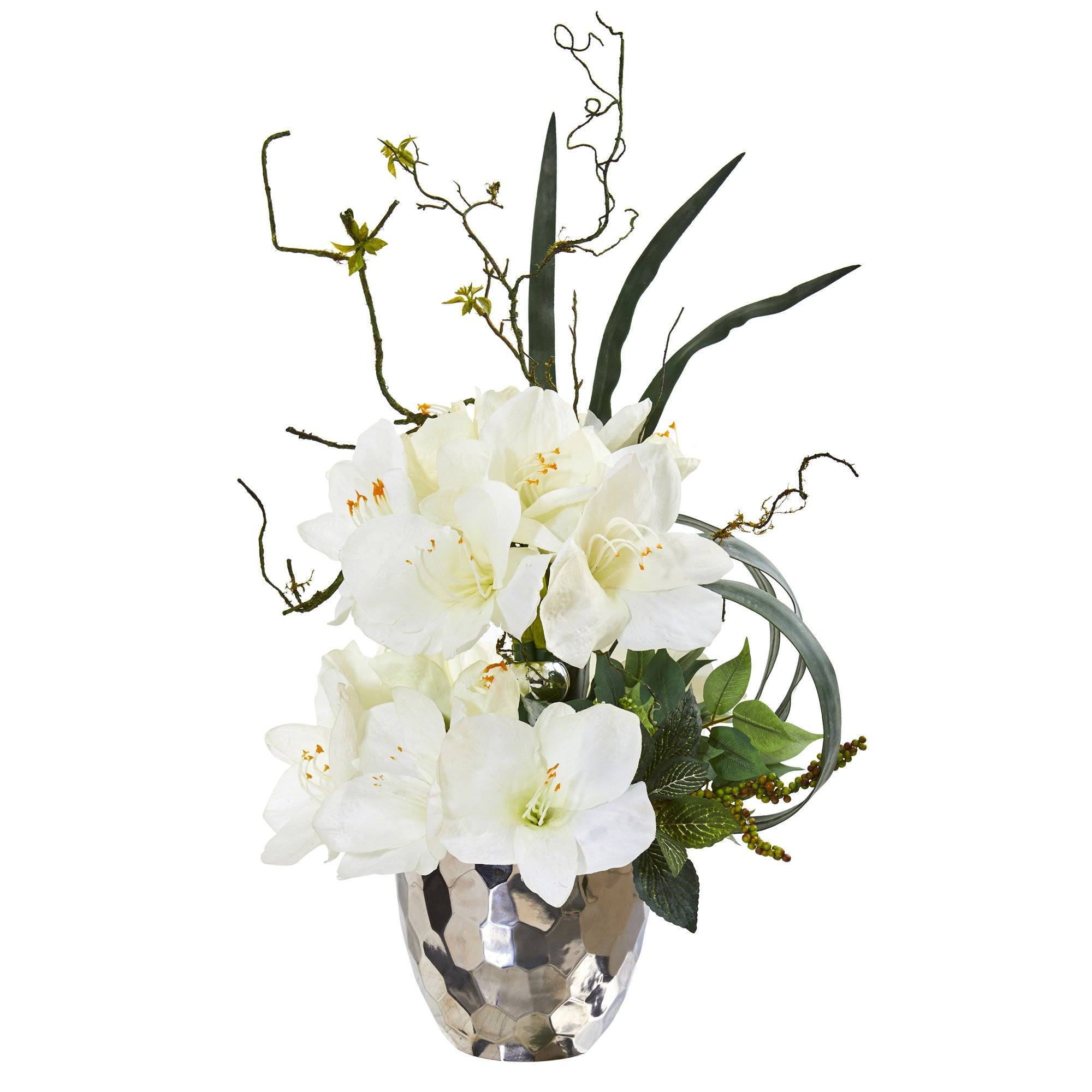 24” Amaryllis and Mixed Greens Artificial Arrangement in Silver Bowl ...