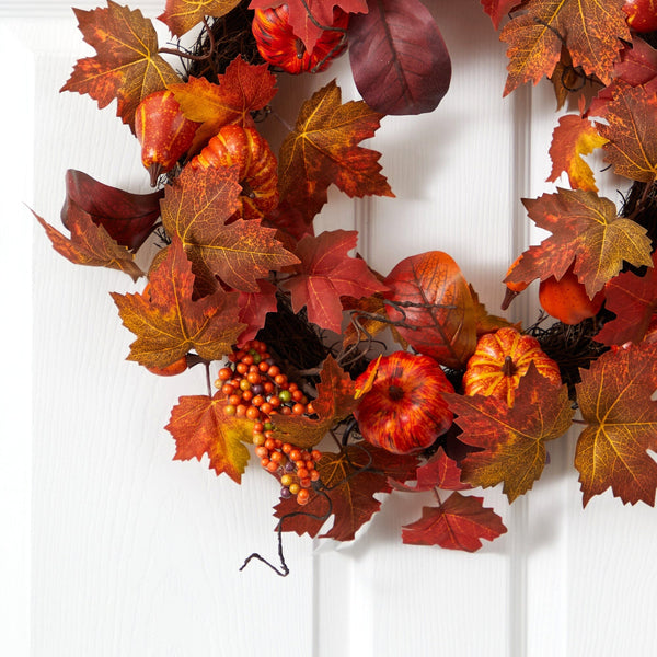 24” Autumn Maple Leaves, Pumpkin, Pinecone and Berries Artificial Fall ...